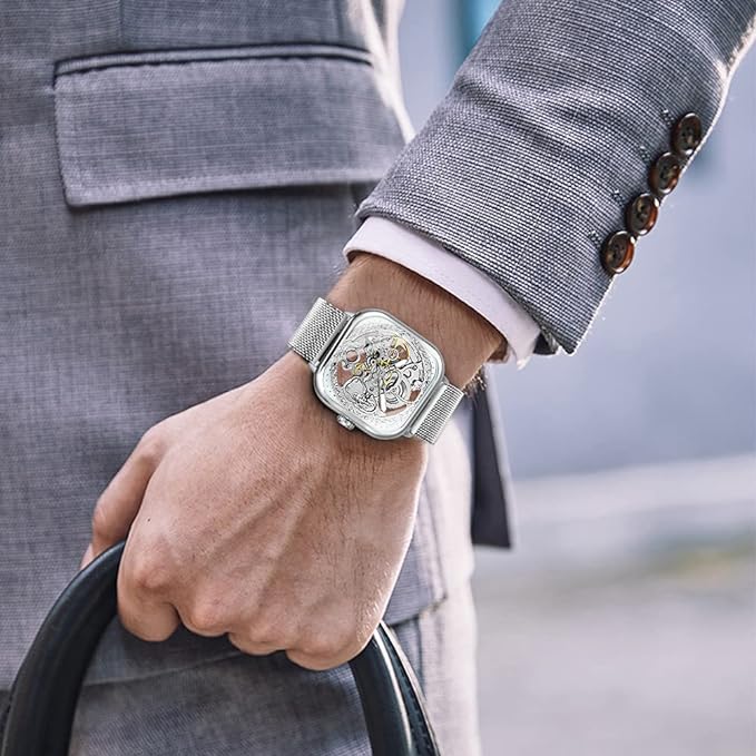 Silver Automatic Stainless Steel Square-shape Wrist Watch – Liv Oliver